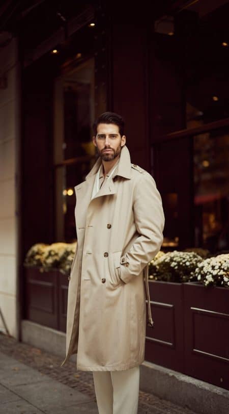 Men's Trench Coat - Beige Twill Rain Repellent Trench Coat - Mond